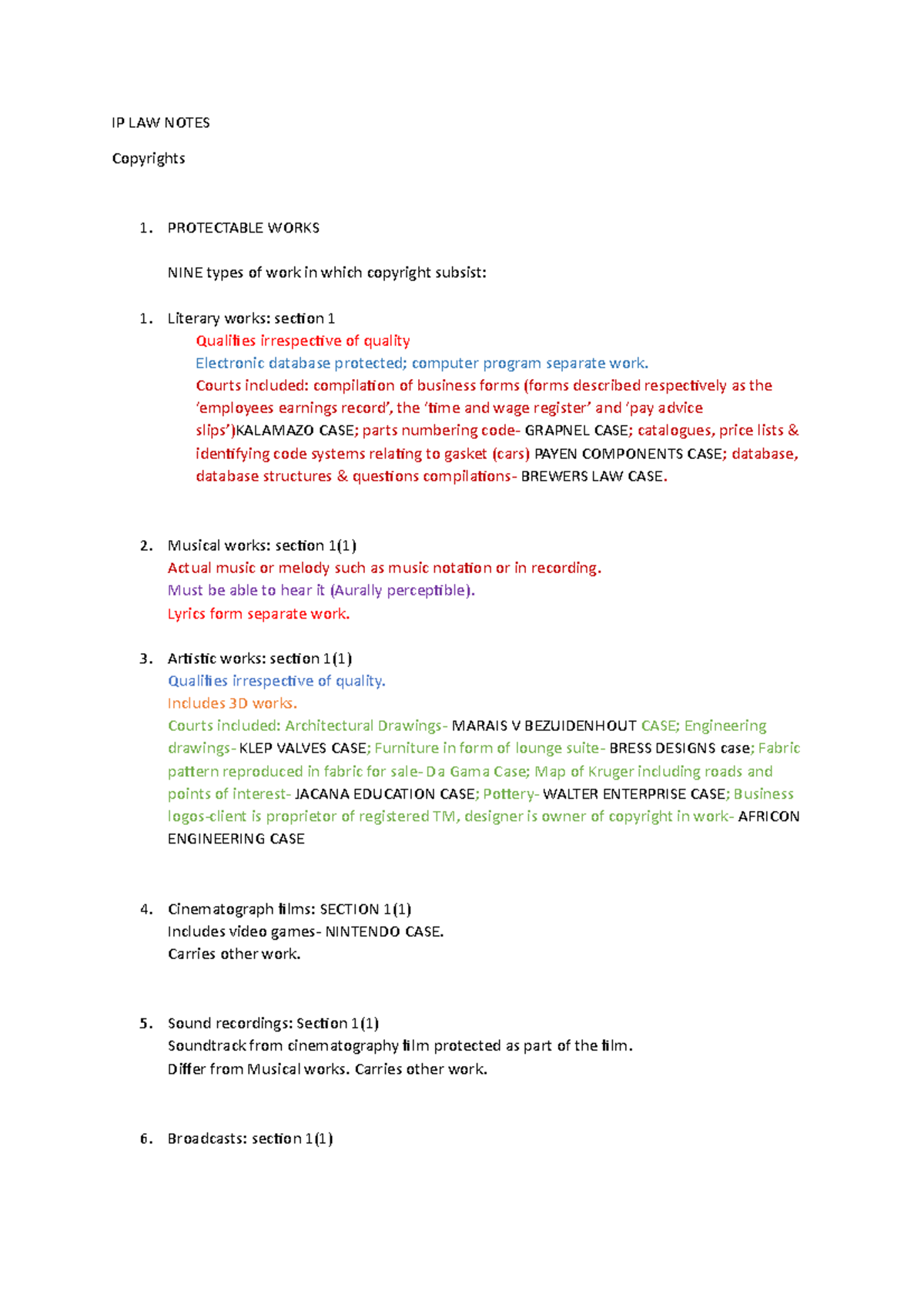 IP Copyright Notes - IP LAW NOTES Copyrights 1. PROTECTABLE WORKS NINE ...