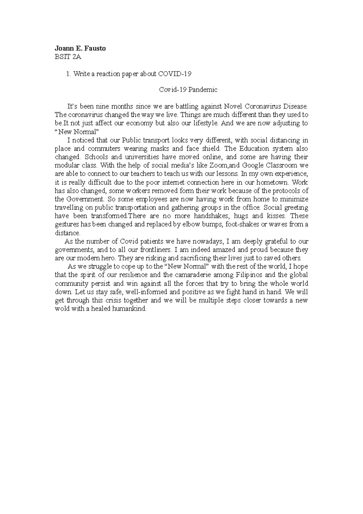 Reaction Paper Covid 19 - Joann E. Fausto BSIT 2A Write a reaction ...