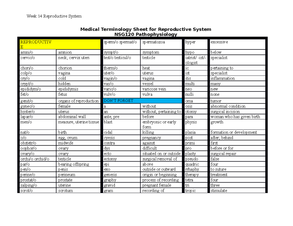 Module 14 Medical Terminology Sheet for Reproductive System - Medical ...