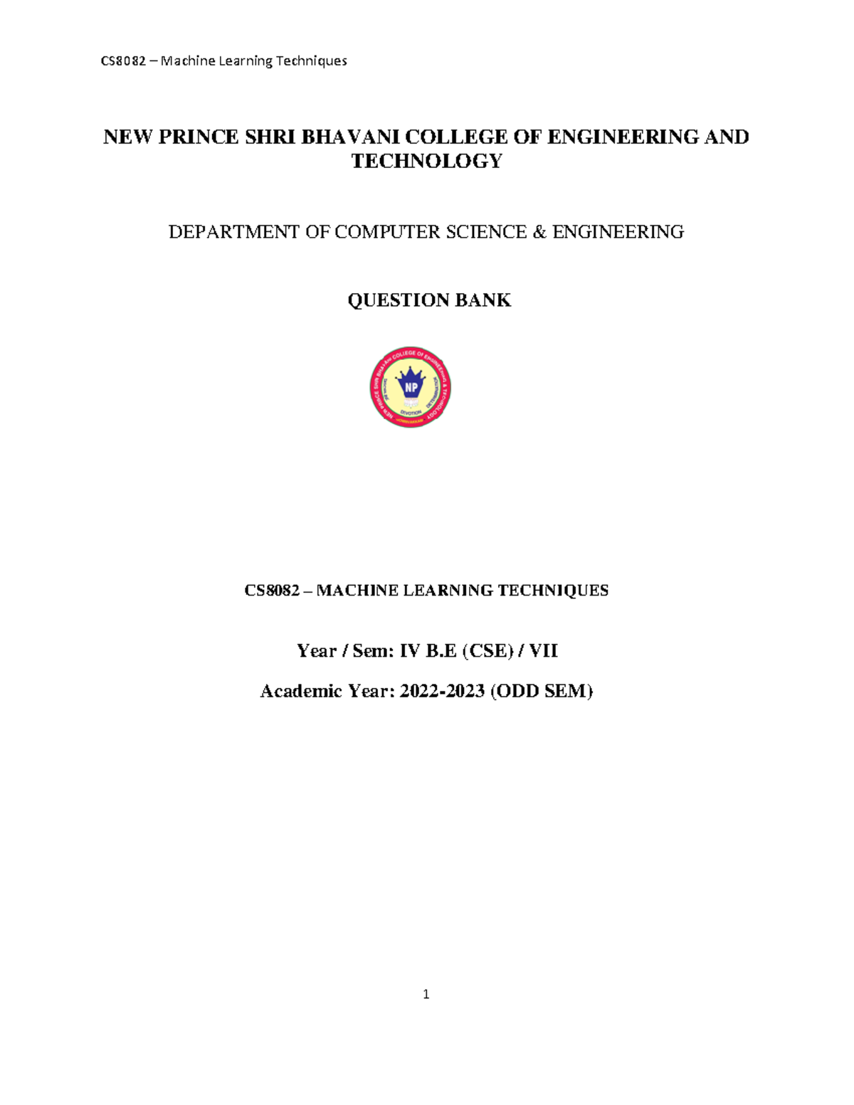 CS8082 MLT Unit 1 - Very good 😊 - NEW PRINCE SHRI BHAVANI COLLEGE OF ...