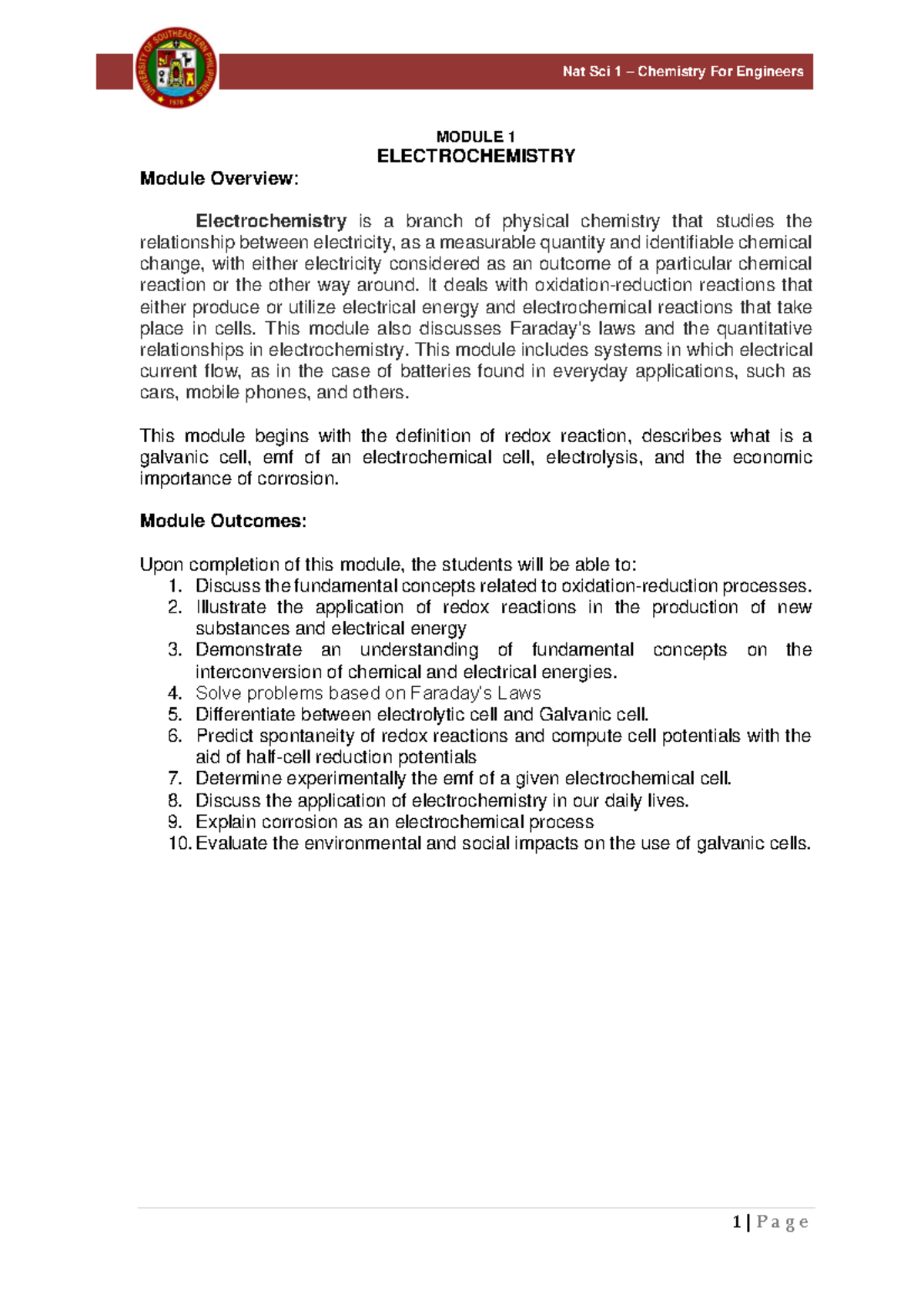 Inbound 3905592816664445340 - Module 1: MODULE 1 ELECTROCHEMISTRY Module Overview ...