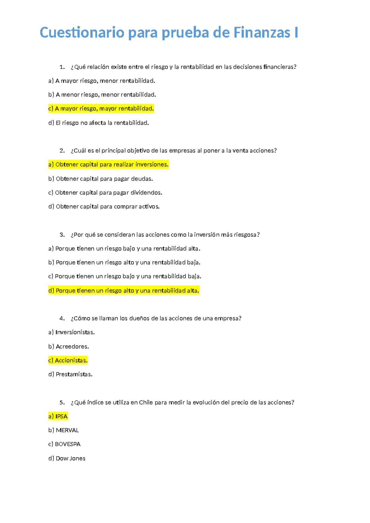 Cuestionario Prueba Finanzas CON Respuestas - Cuestionario para prueba ...