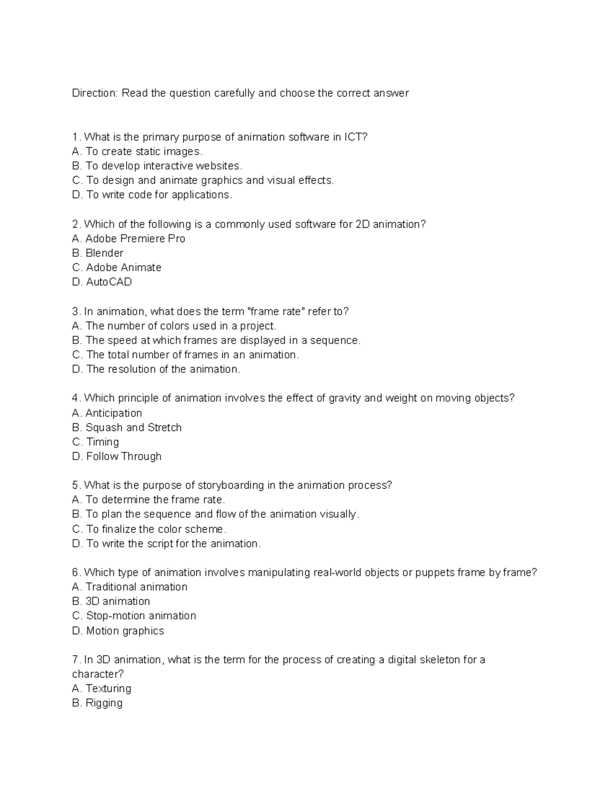 ICT1 - This set of multiple-choice questions focuses on animation ...