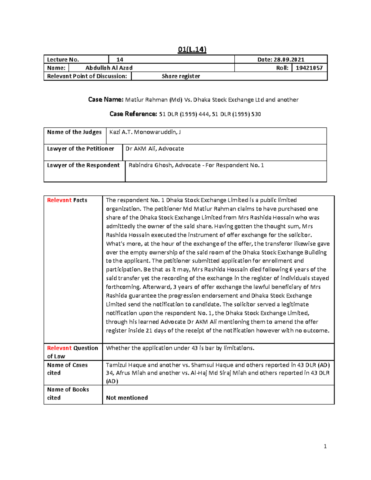 19421057 case diary phase 3 - 01(L) Case Name: Matiur Rahman (Md) Vs ...