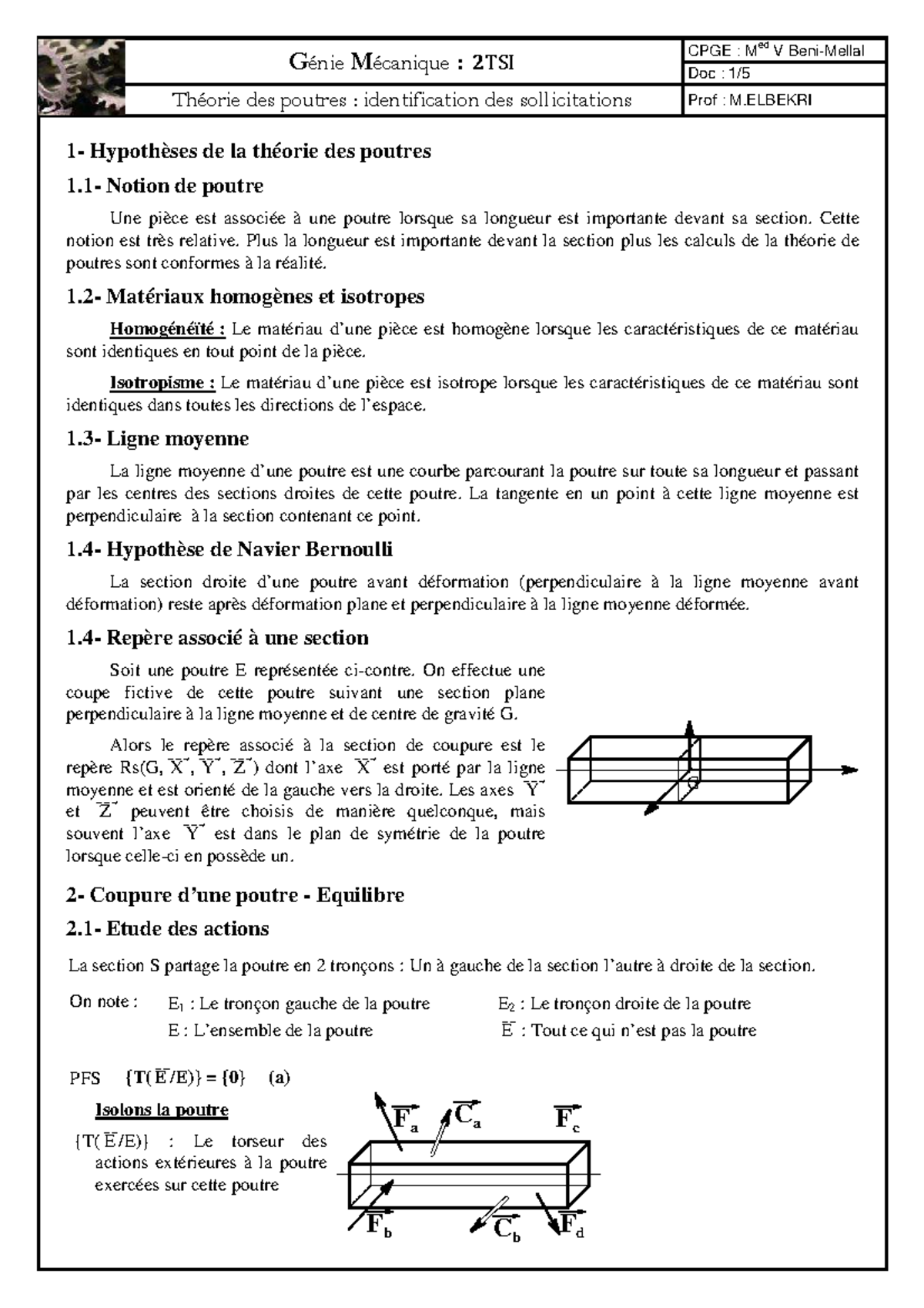Cours 015 theorie des poutres - Génie Mécanique : 2 TSI Doc : 1 ...