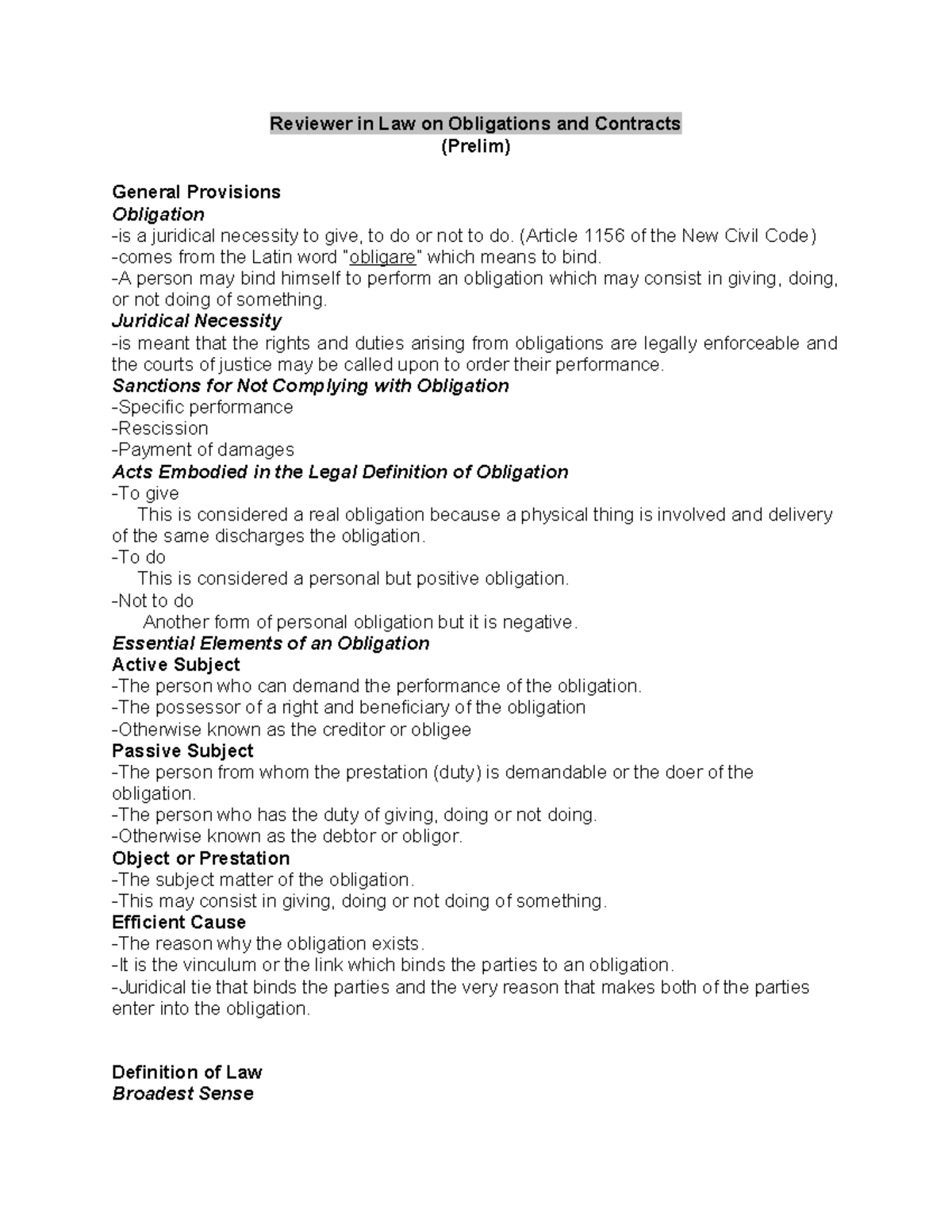 Reviewer-Obli Con - Reviewer in Law on Obligations and Contracts (Prelim) General Provisions ...