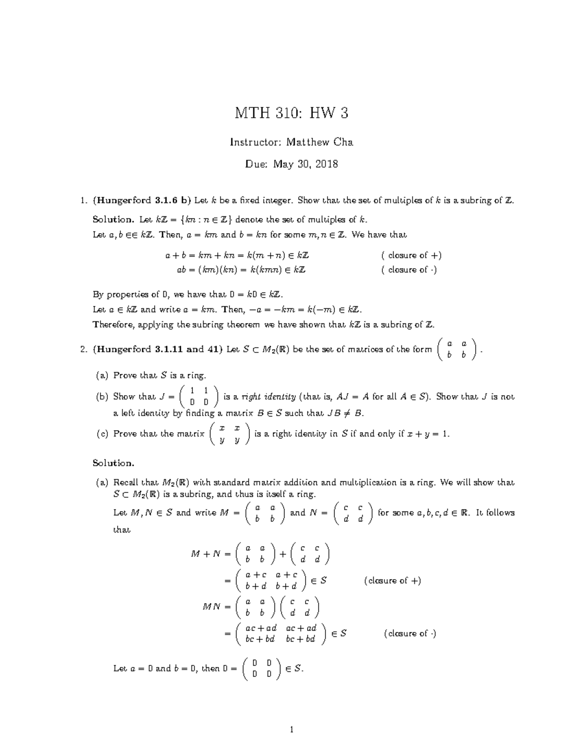 Hw3 sol - Homework Solutions - MTH 310: HW 3 Instructor: Matthew Cha ...