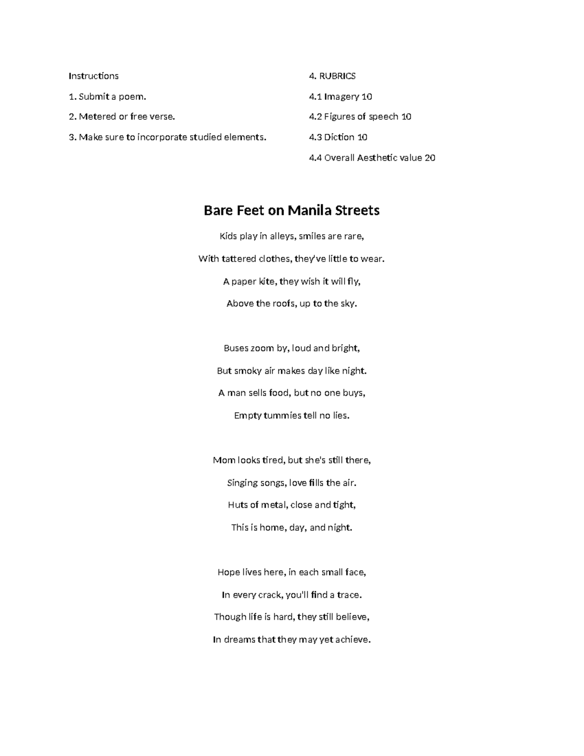 POEM - Bare Feet on Manila Streets - Instructions 1. Submit a poem. 2 ...