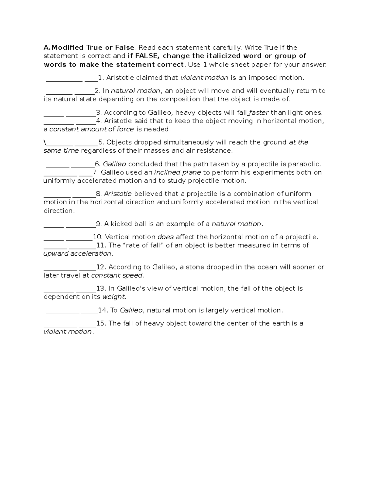 Test Physical Science - A True or False. Read each statement carefully ...