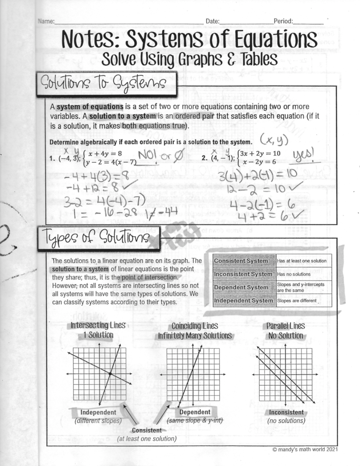 Notes Systems of Equations solve using graphs and tables - Name: Date ...