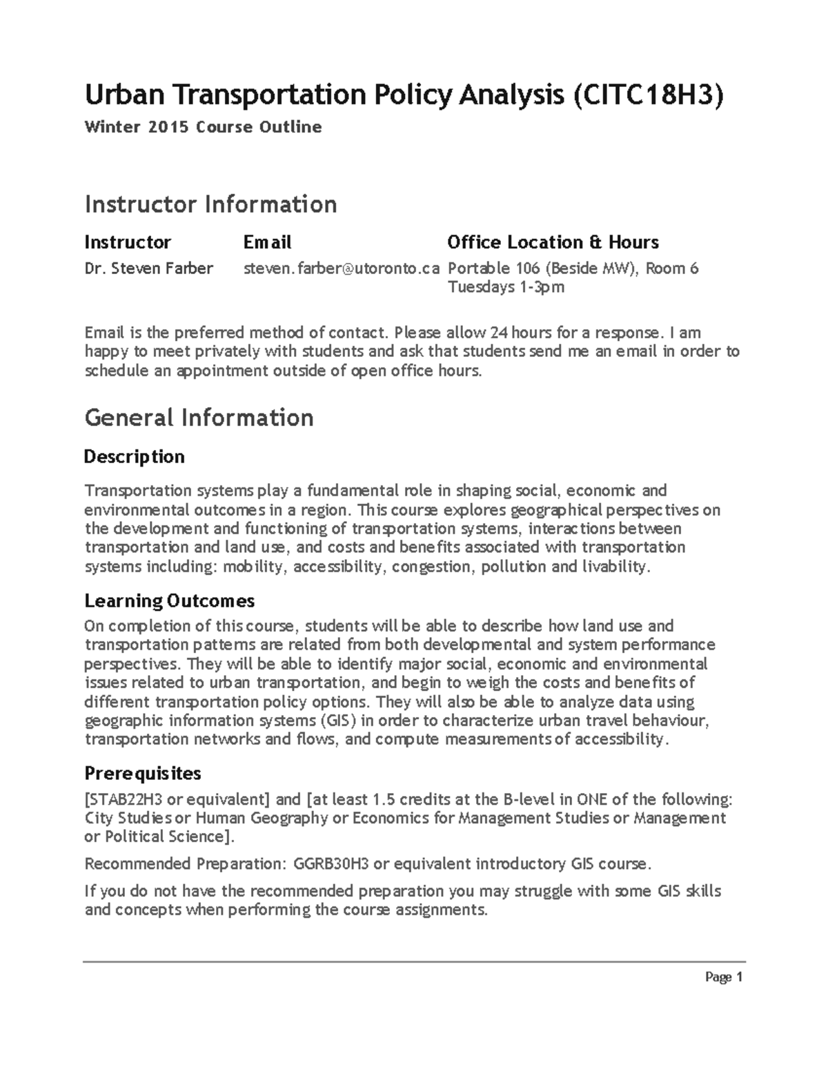 CITC18H3 - Syllabus - Urban Transportation Policy Analysis (CITC18H3 ...