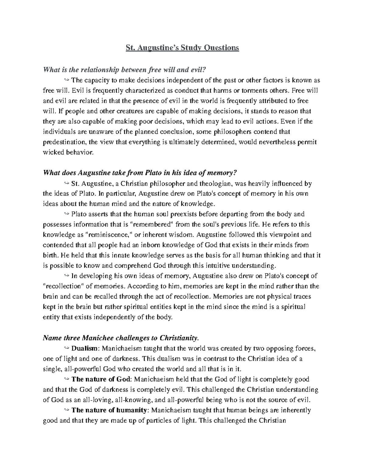 St. Augustines Study Questions Part 1 - St. Augustine’s Study Questions ...