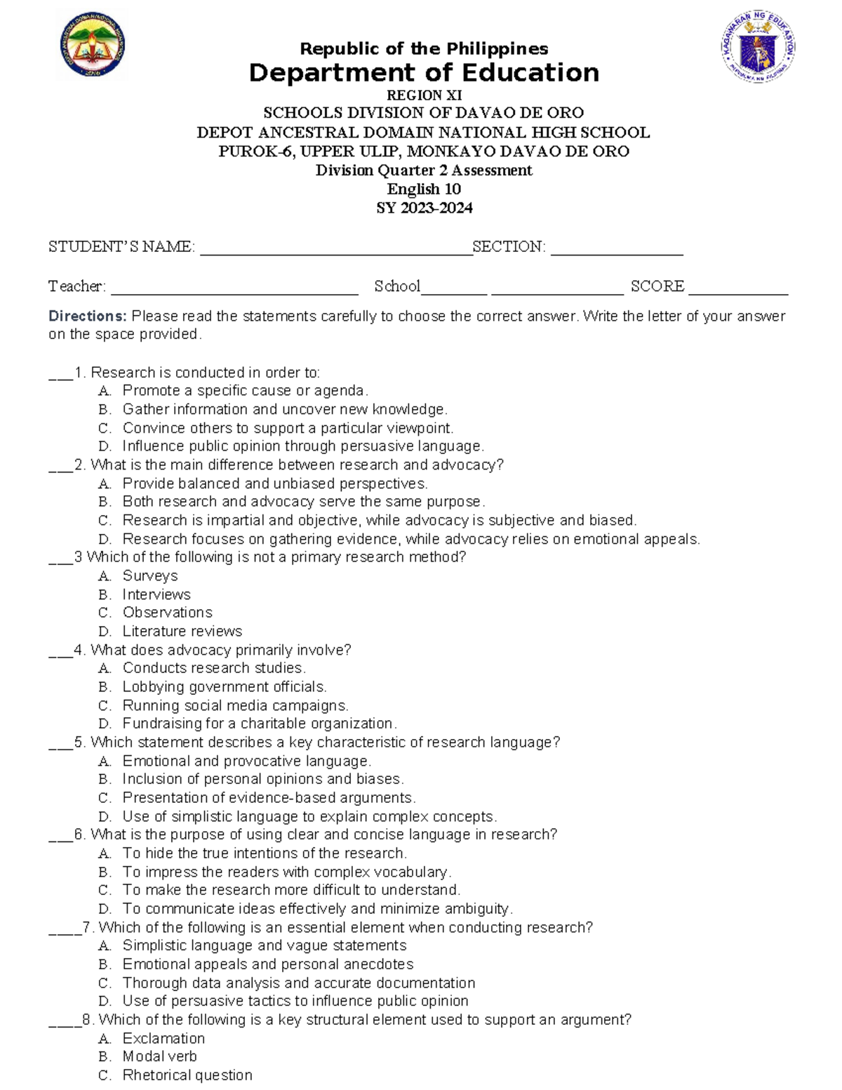 ENG10 Q2 TEST - guide to teach the learners - Republic of the ...