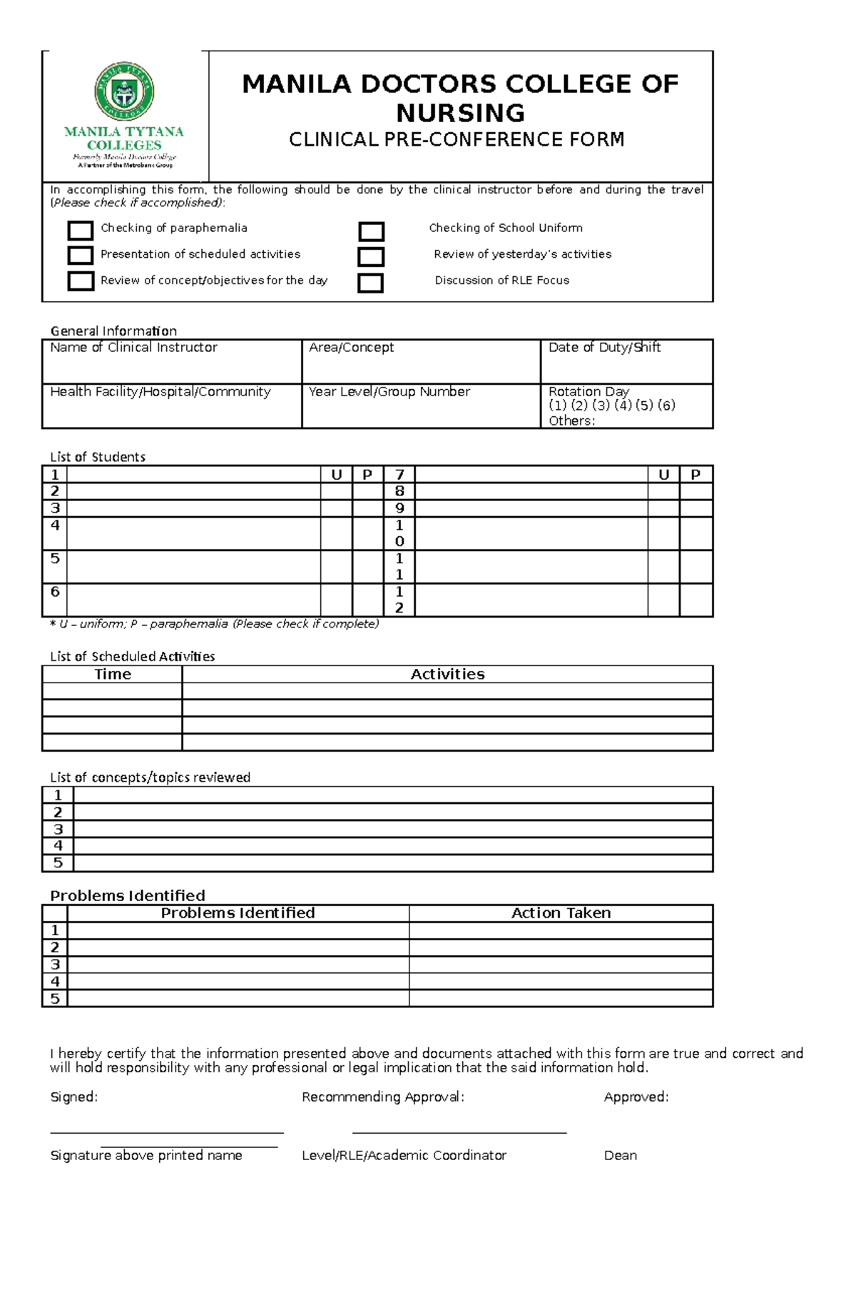 Clinical Pre-Conference Form - MANILA DOCTORS COLLEGE OF NURSING ...