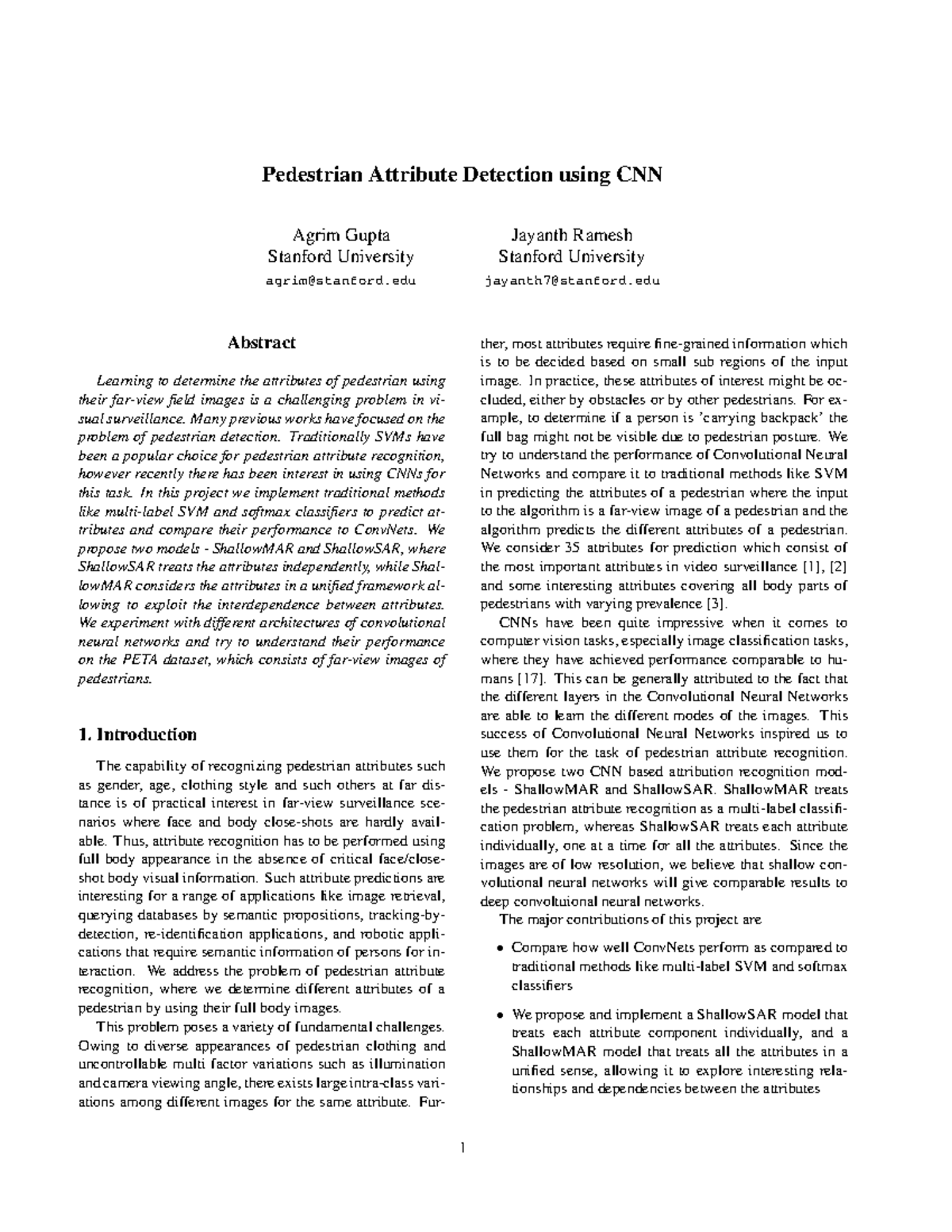 Pedestrian Attribute Detection Using Cnn Pedestrian Attribute Detection Using Cnn Agrim Gupta