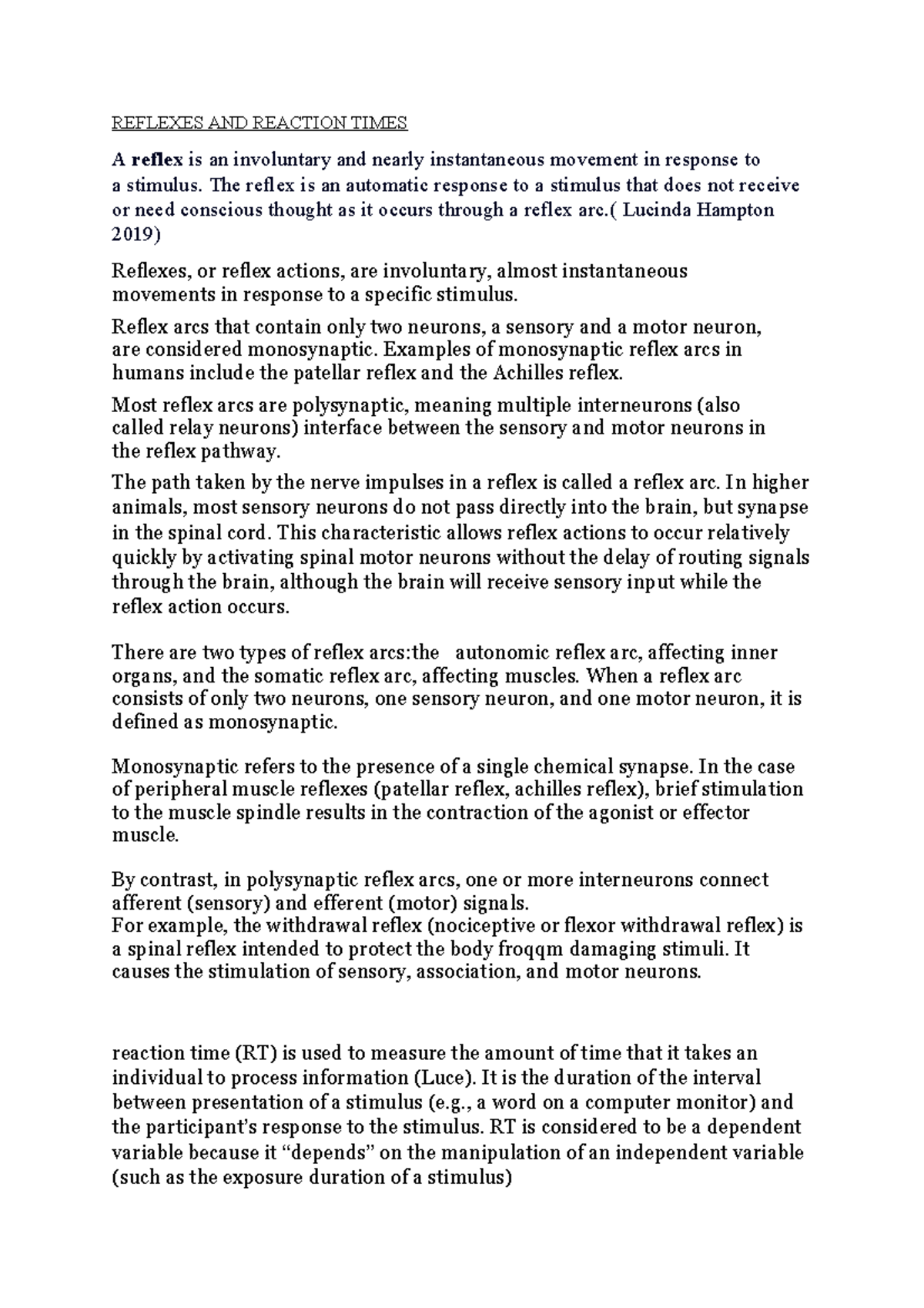 Physio lab report 3 - dbcjahcb - REFLEXES AND REACTION TIMES A reflex ...