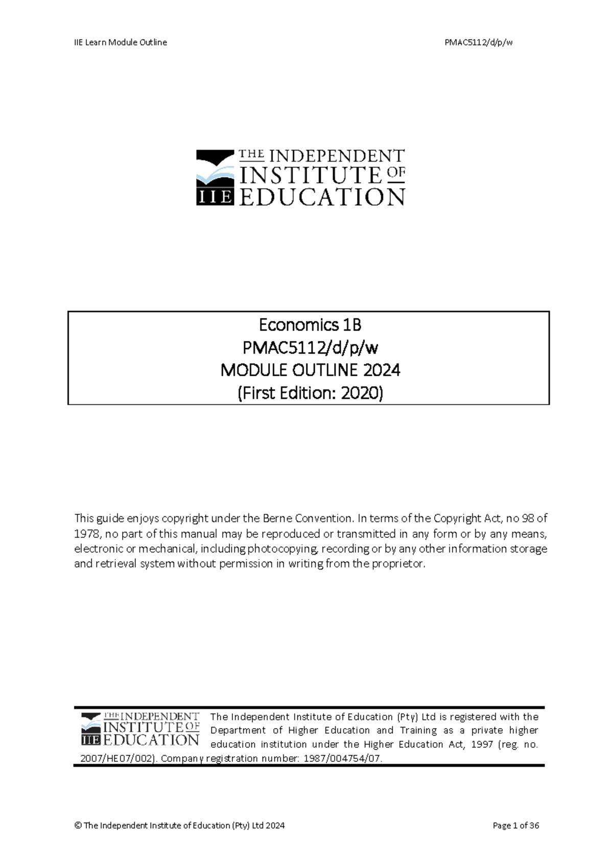 Module Outline - Economics 1B PMAC5112/d/p/w MODULE OUTLINE 2024 (First ...