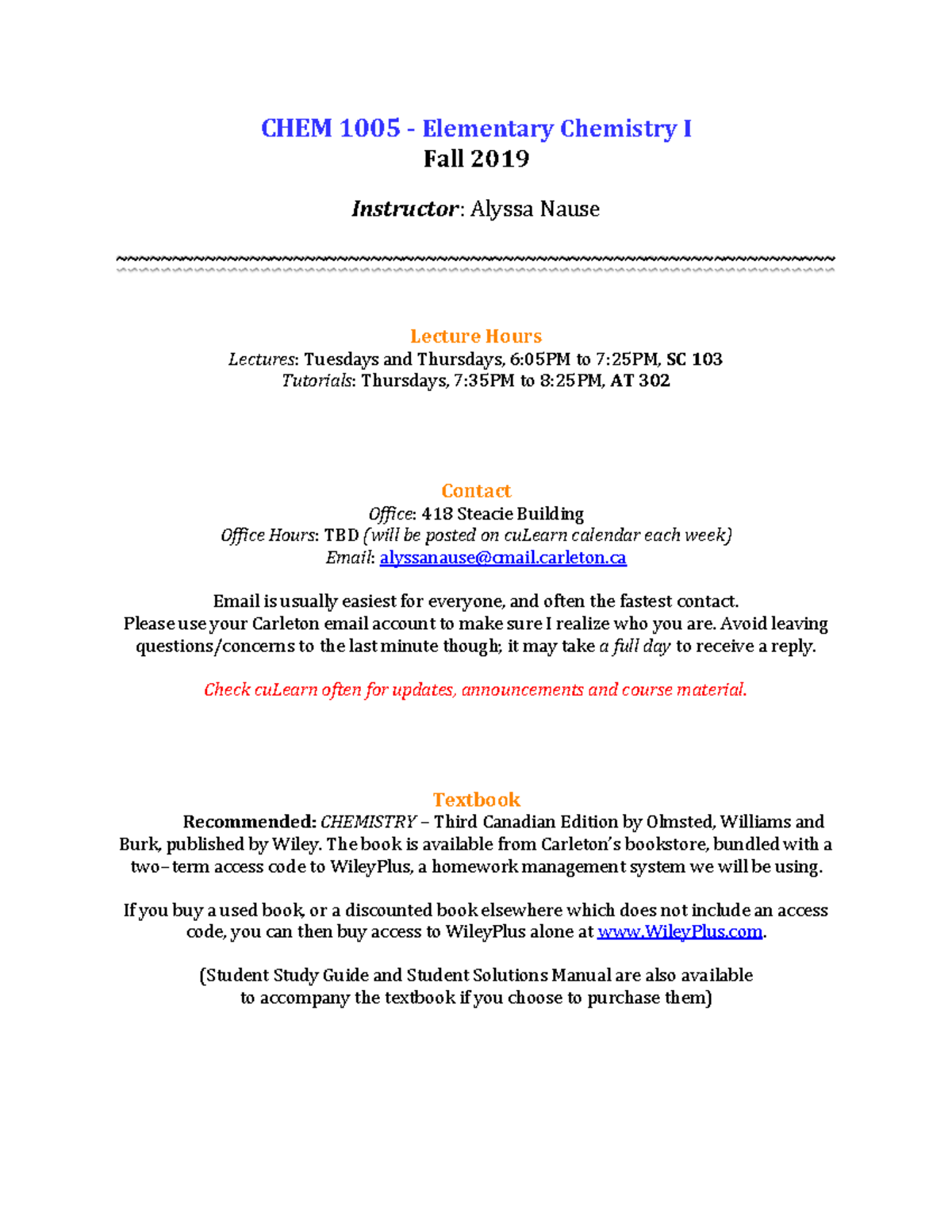 CHEM 1005 Course Outline - Fall 2019 - CHEM 1005 - Elementary Chemistry ...