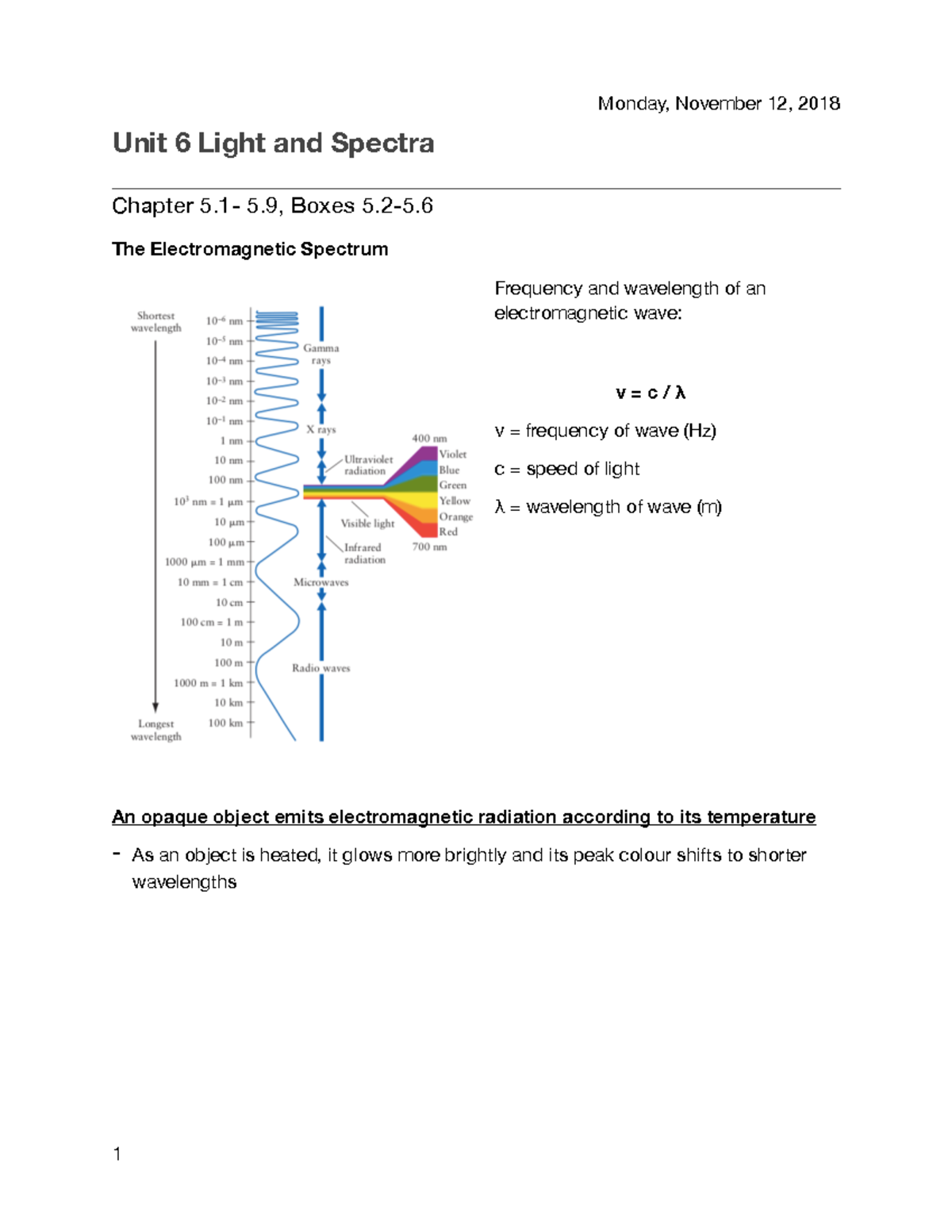 Unit 6 Light and Spectra - Monday, November 12, 2018 Unit 6 Light and ...