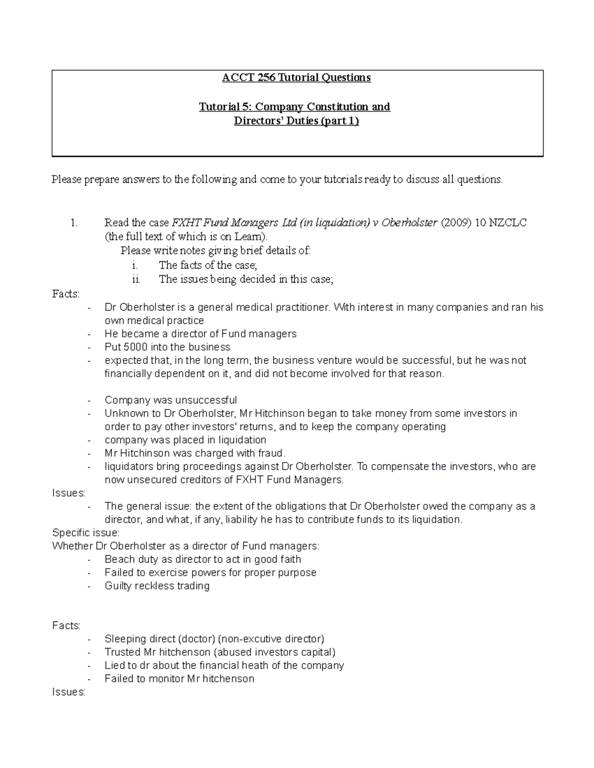 Tutorial 5 company constitution and directors duties - ACCT 256 ...