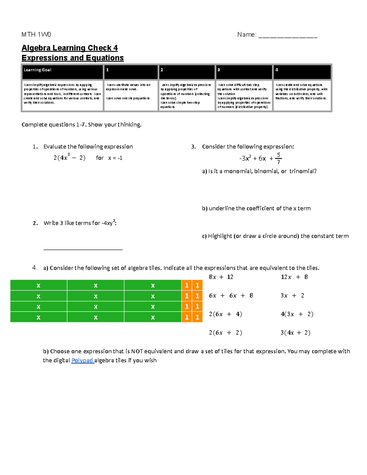 Problem Set Unit - Expressions and Equations (1) - MTH 1W0 Name ...