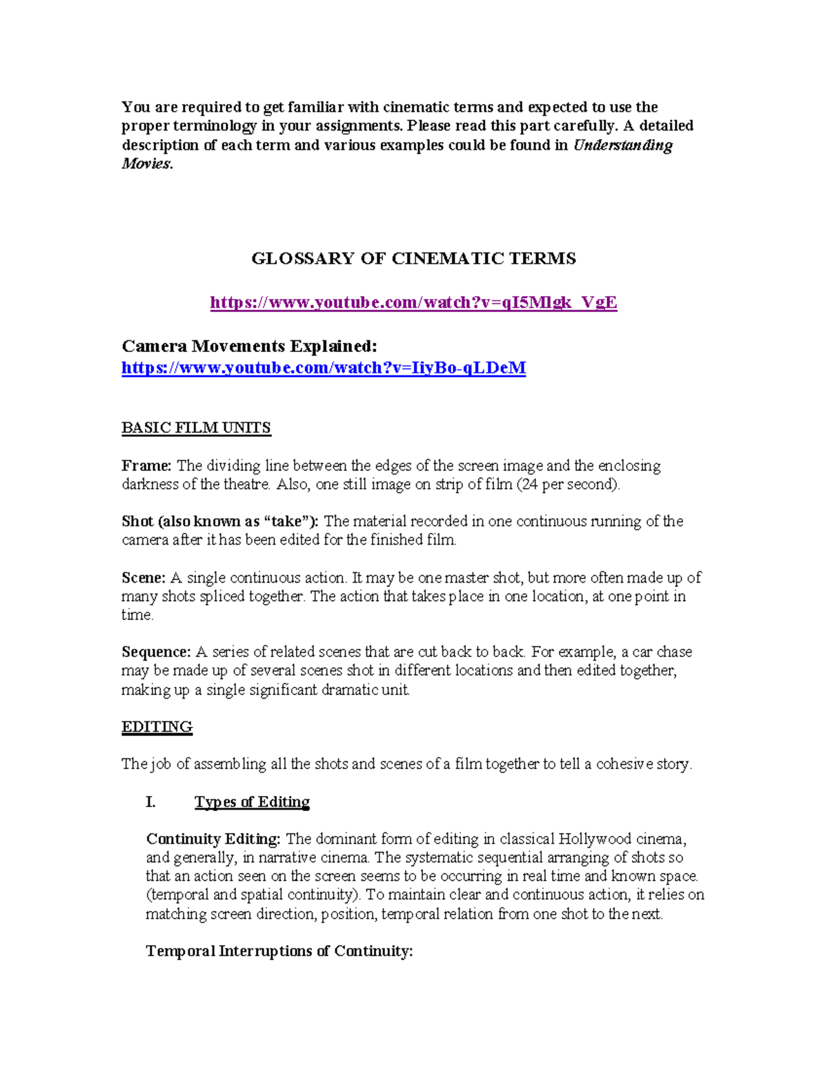 Glossary of Cinematic Terms - You are required to get familiar with ...