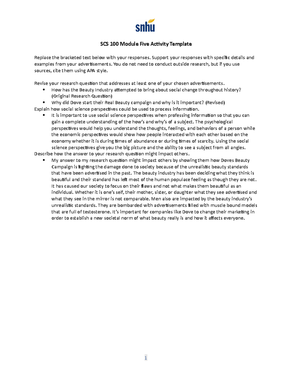 SCS 100 Module Five Activity - Support your responses with specific ...