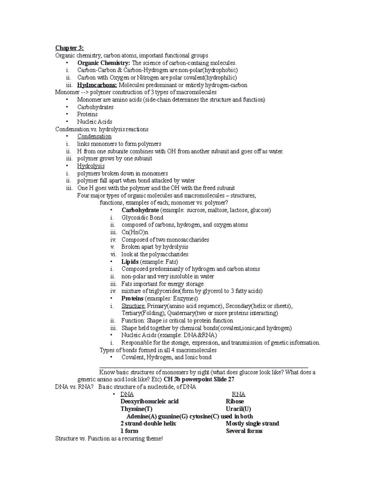 Bio CH 3 Review Outline - Lecture notes 3 - Chapter 3: Organic ...
