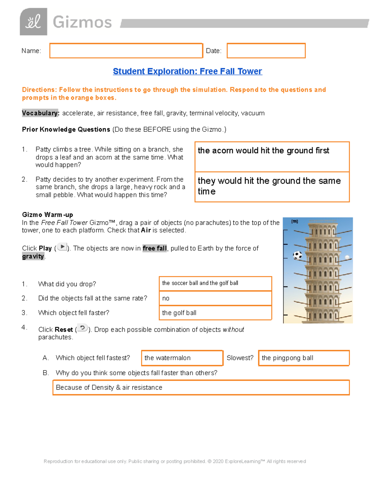 Free Fall Tower SE - eee - Name: Date: Student Exploration: Free Fall ...