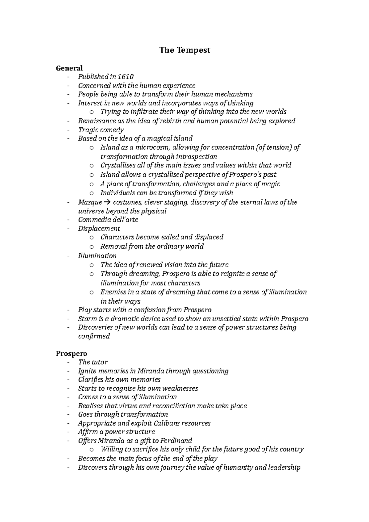 Advanced English Notes - The Tempest quotes, technique and analysis ...