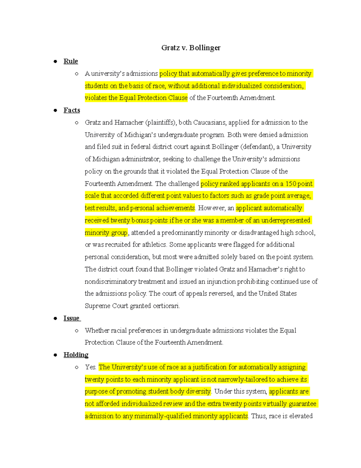 Con Law II- Gratz v. Bollinger - Gratz v. Bollinger Rule A university’s ...