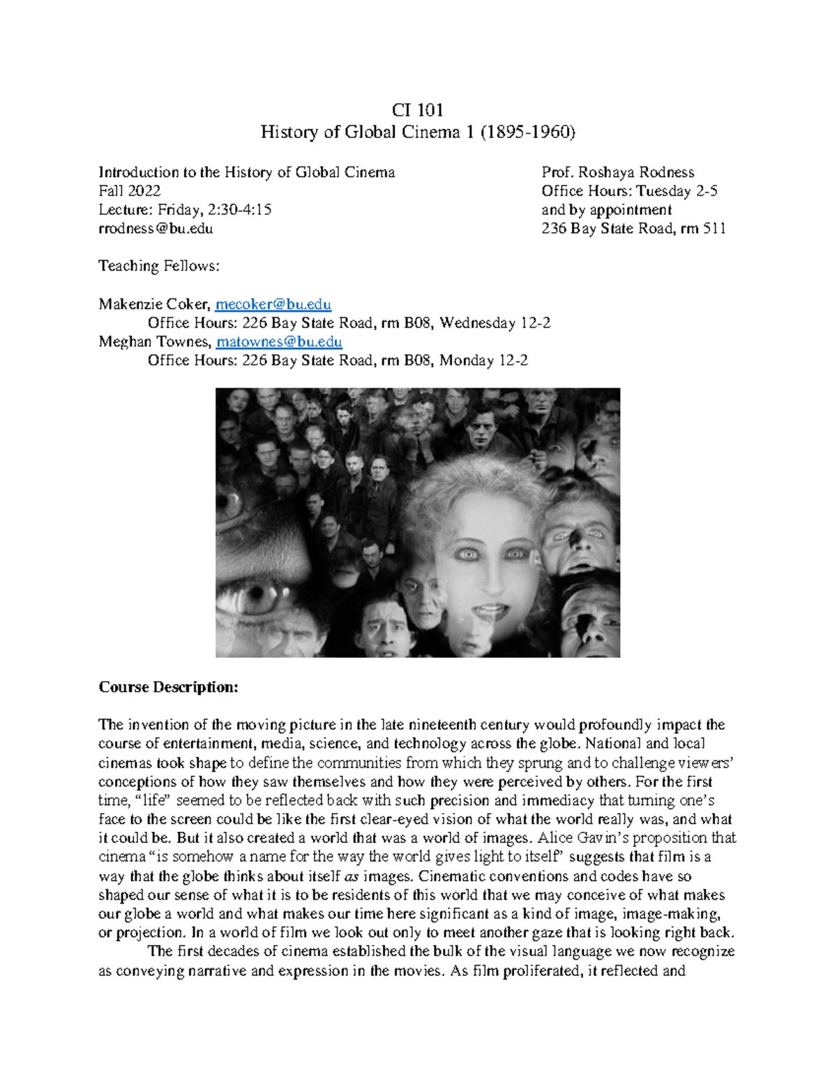 Global Cinema 1 Fall 2022 Syllabus-2 - CI 101 History of Global Cinema ...