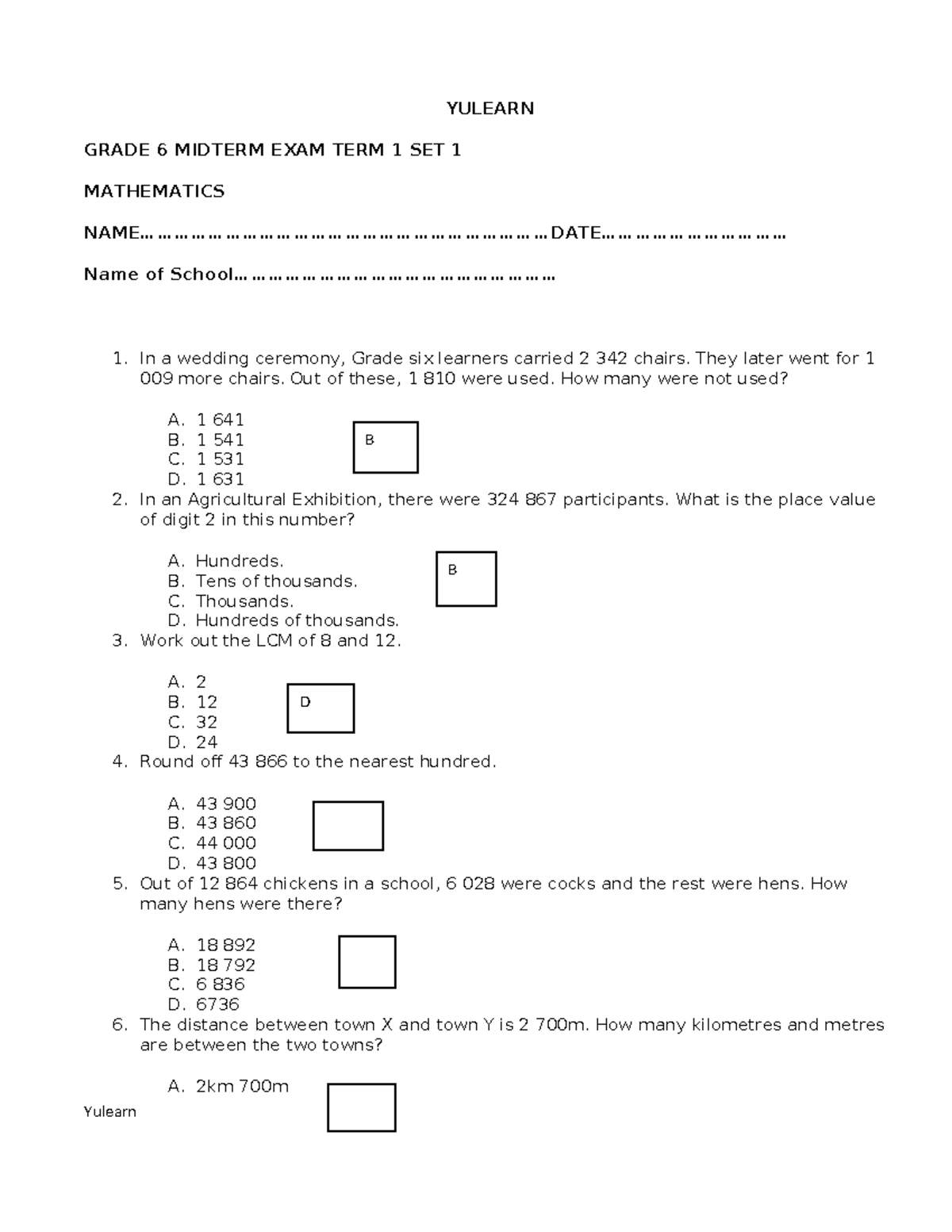 Maths for statistical - YULEARN GRADE 6 MIDTERM EXAM TERM 1 SET 1 ...