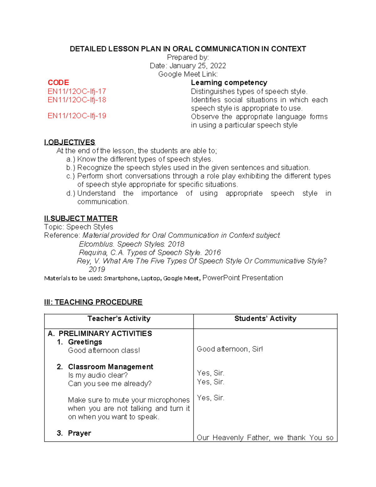 DLP-Speech-Styles - DETAILED LESSON PLAN IN ORAL COMMUNICATION IN ...