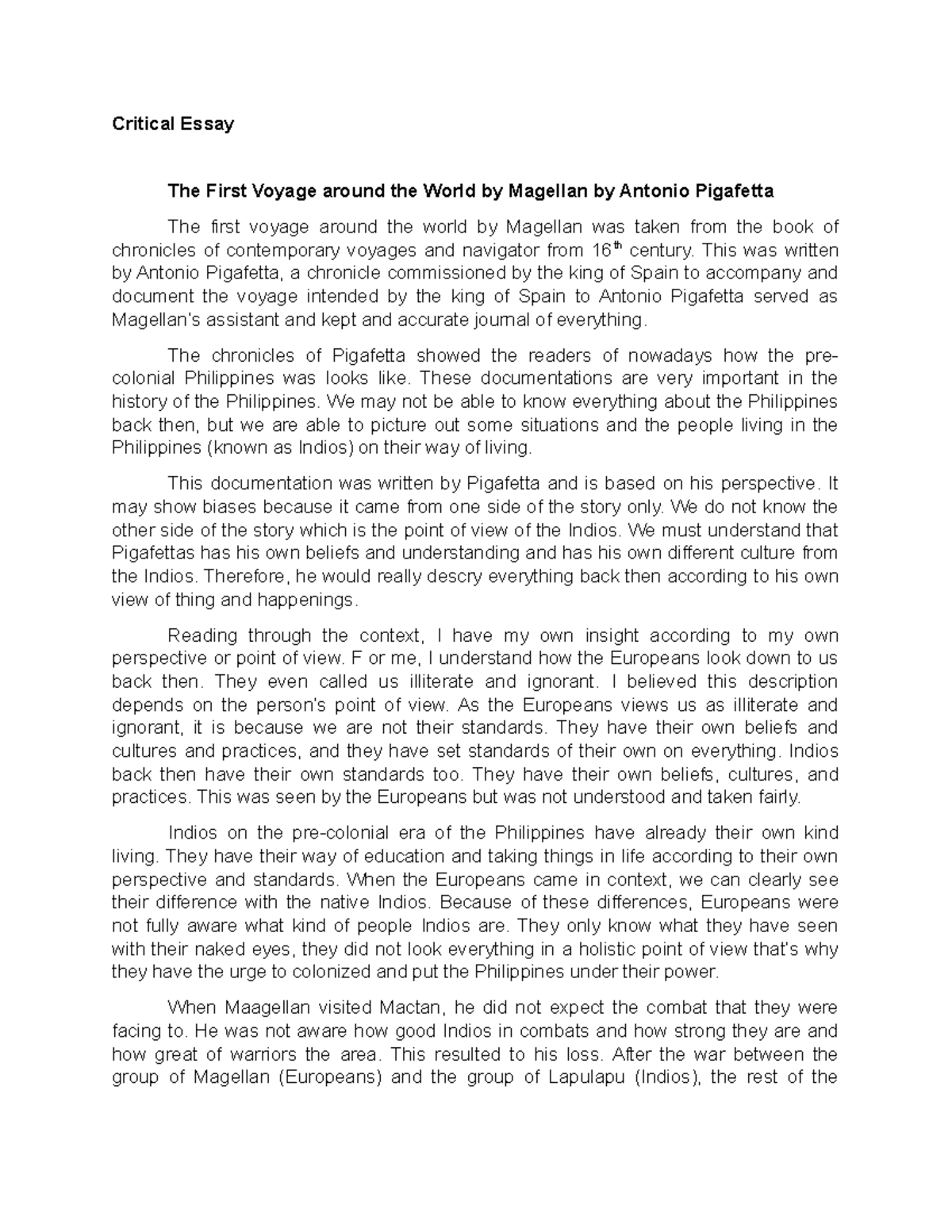 Essay about Magellan by Pegafetta - Critical Essay The First Voyage ...