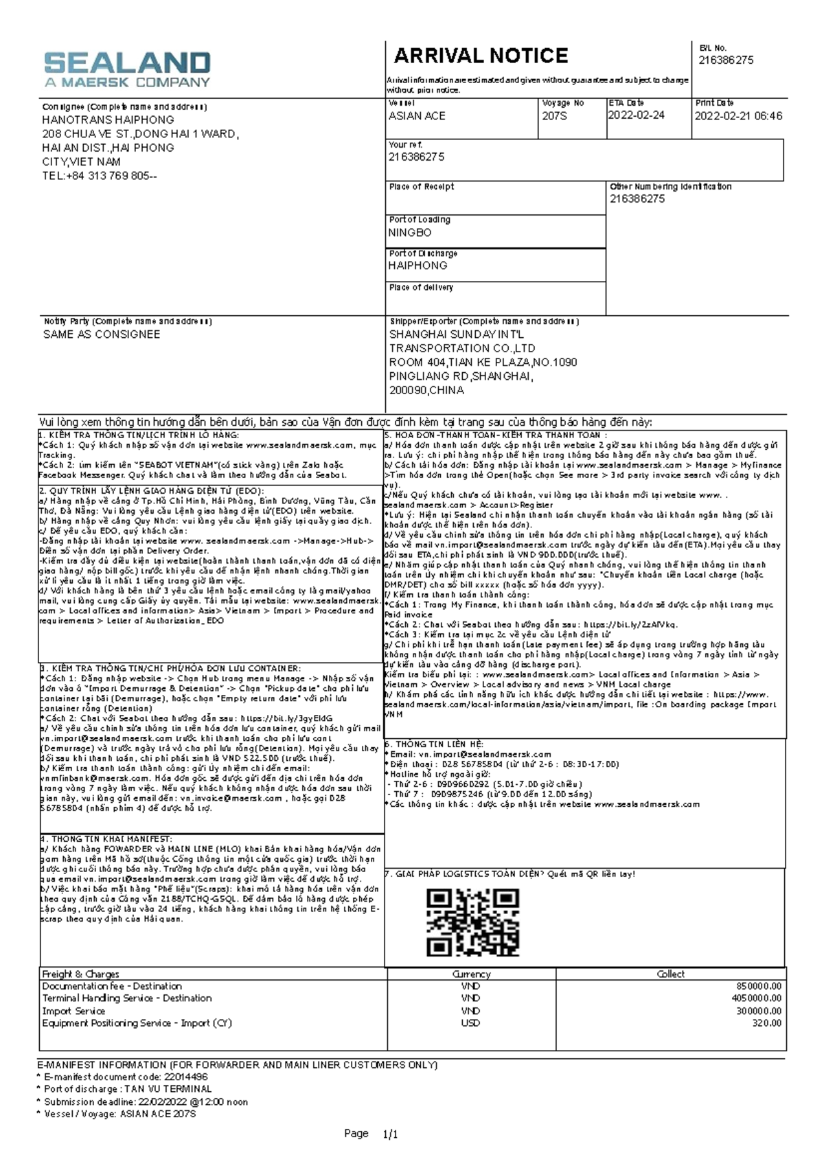AN MBL - rgg - ARRIVAL NOTICE B/L No. 216386275 Arrival information are ...