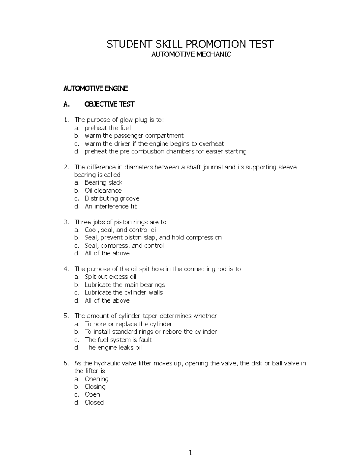 Student Skill Promotion TEST Automotive - STUDENT SKILL PROMOTION TEST ...