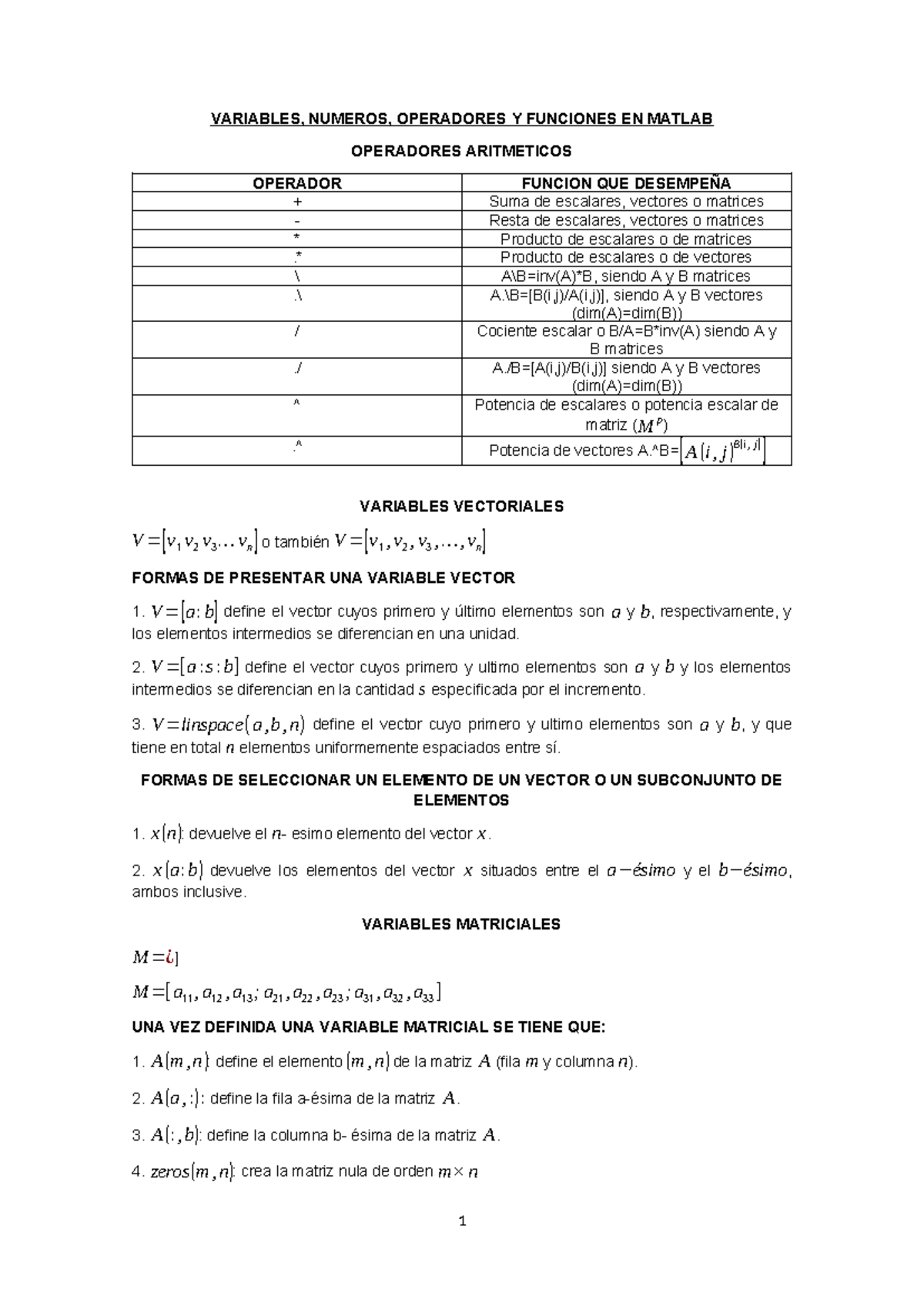 Manual- Matlab - VARIABLES, NUMEROS, OPERADORES Y FUNCIONES EN MATLAB ...