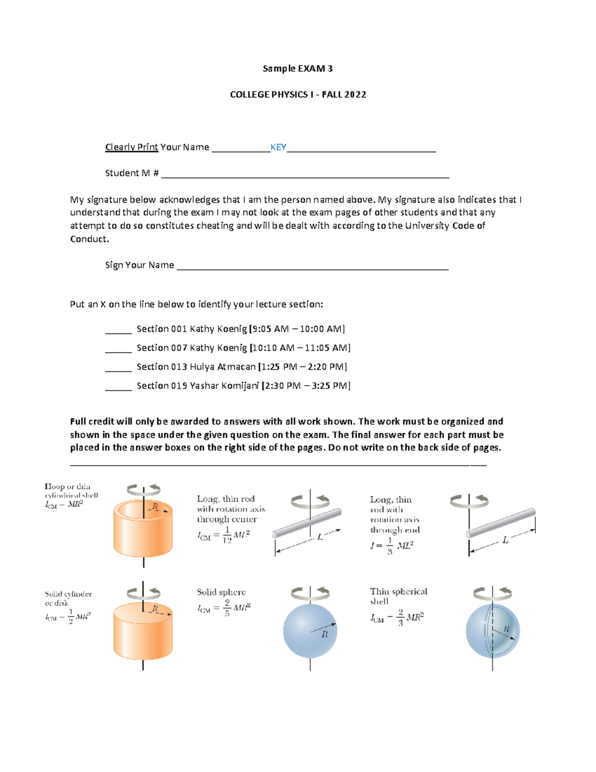 Practice Exam - solutions - Sample EXAM 3 COLLEGE PHYSICS I - FALL 202 ...
