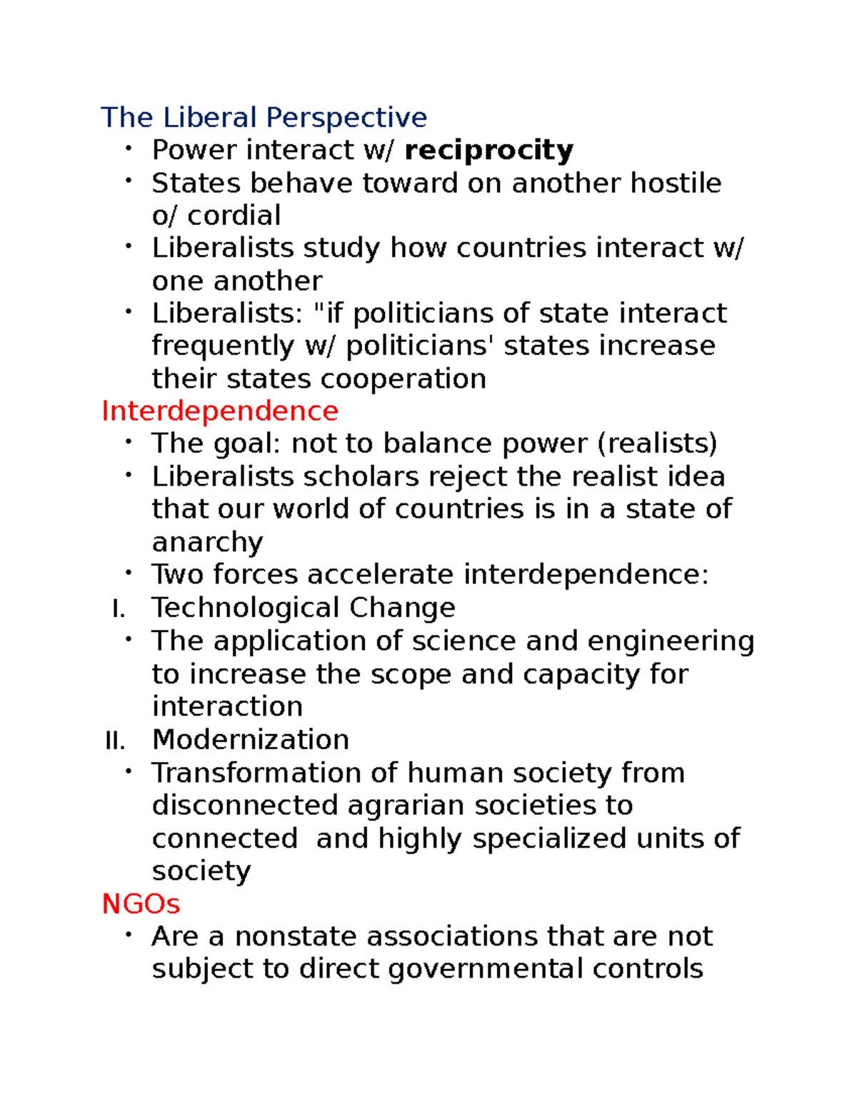 POLS Chapter 1 pt - The Liberal Perspective Power interact w ...
