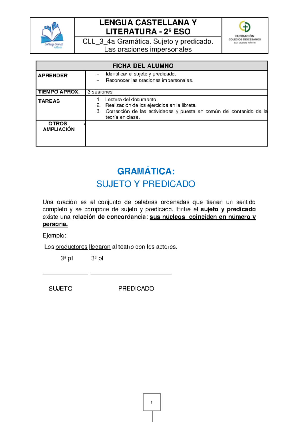 CLL 3 4a Gramática. Sujeto y predicado. Las oraciones impersonales ...