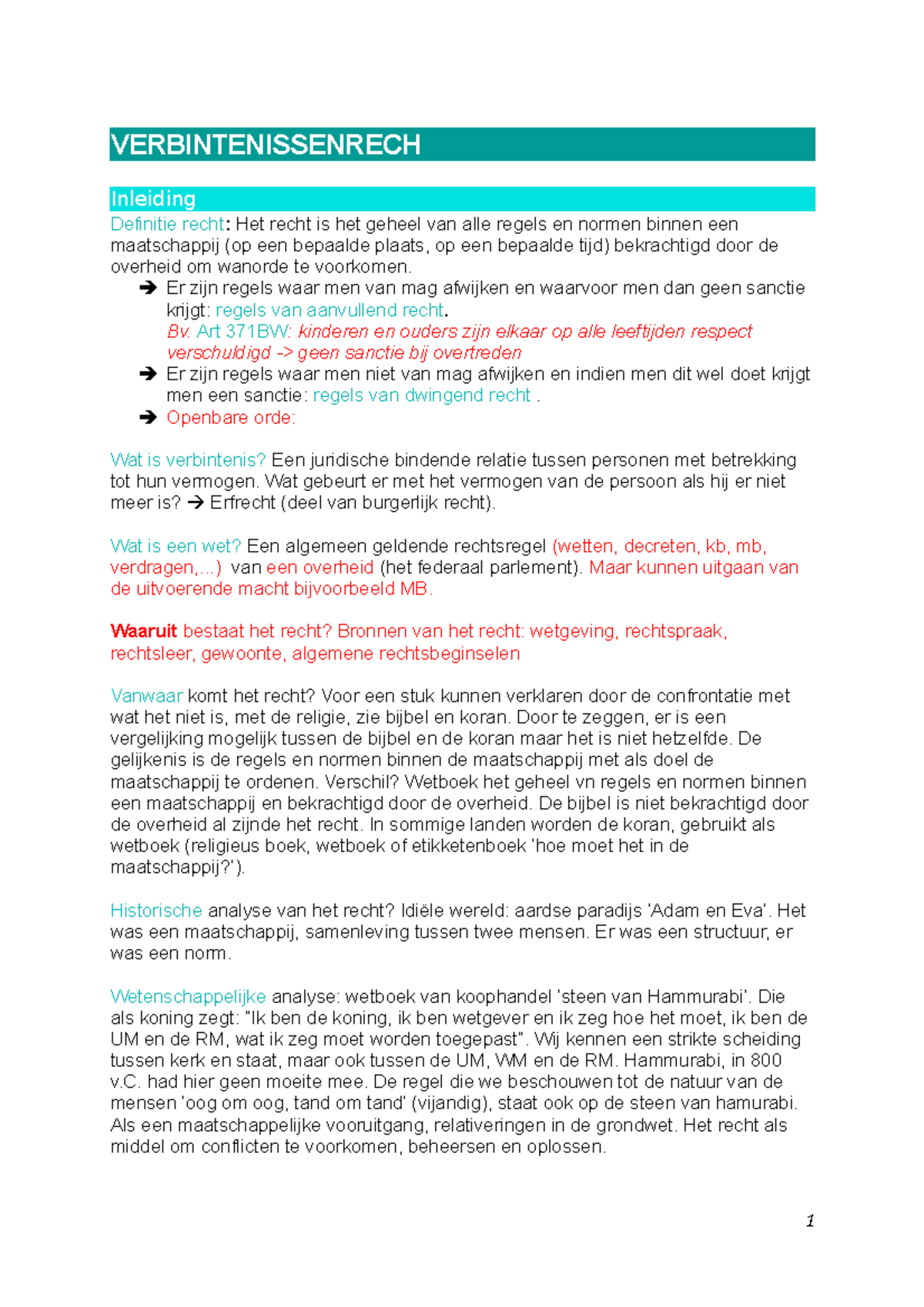 Verbintenis.- met notities - VERBINTENISSENRECH Inleiding Definitie ...