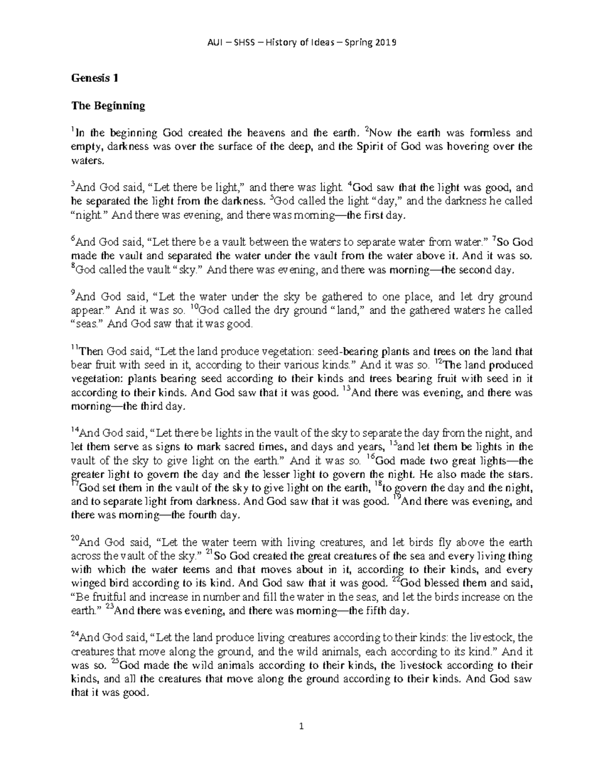 Bible - Genesis - lecture notes, describing the course material, each ...