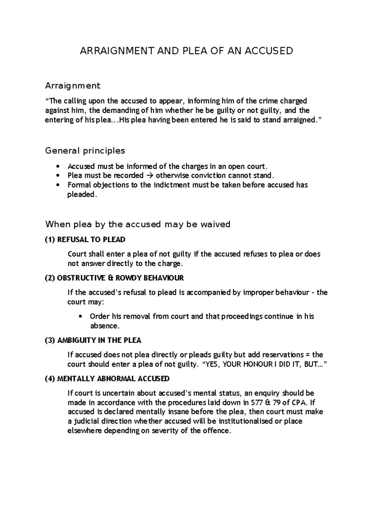 Arraignment and plea - lcp notes - ARRAIGNMENT AND PLEA OF AN ACCUSED ...