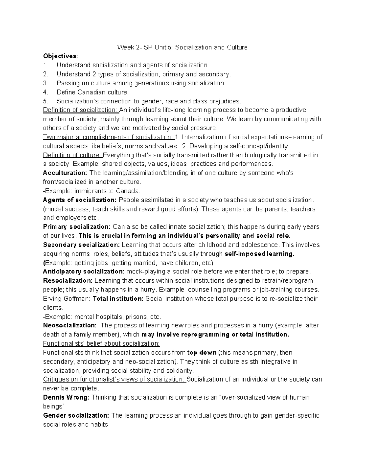 Week 2- SP Unit 5 Socialization and Culture - Week 2- SP Unit 5 ...