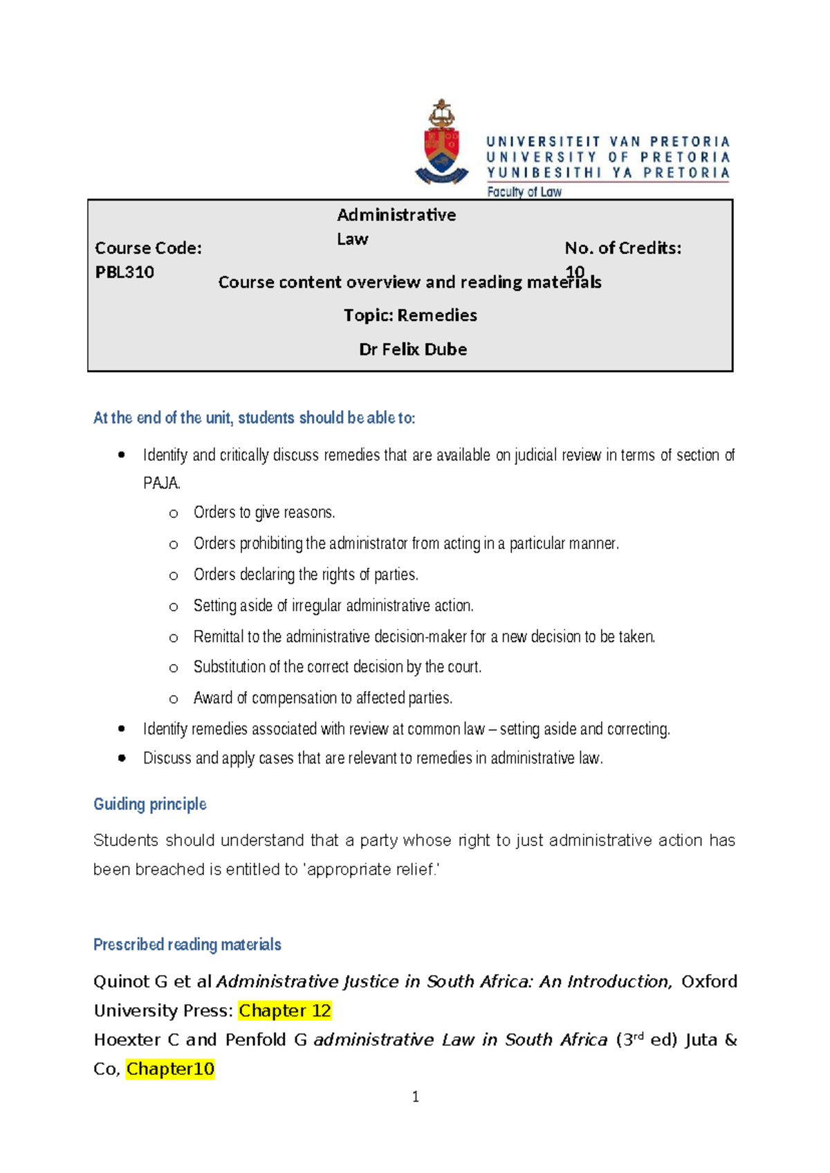 Remedies Course content overview and reading materials - At the end of ...