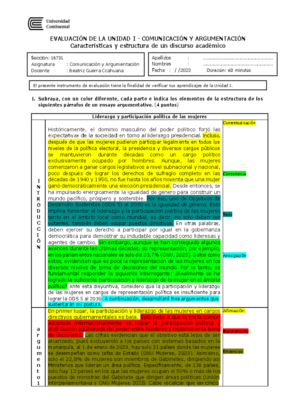 Evaluación Unidad I - dade - Se cci Ûn : 16731 Asignatura : ComunicaciÛn y ArgumentaciÛn Docente ...