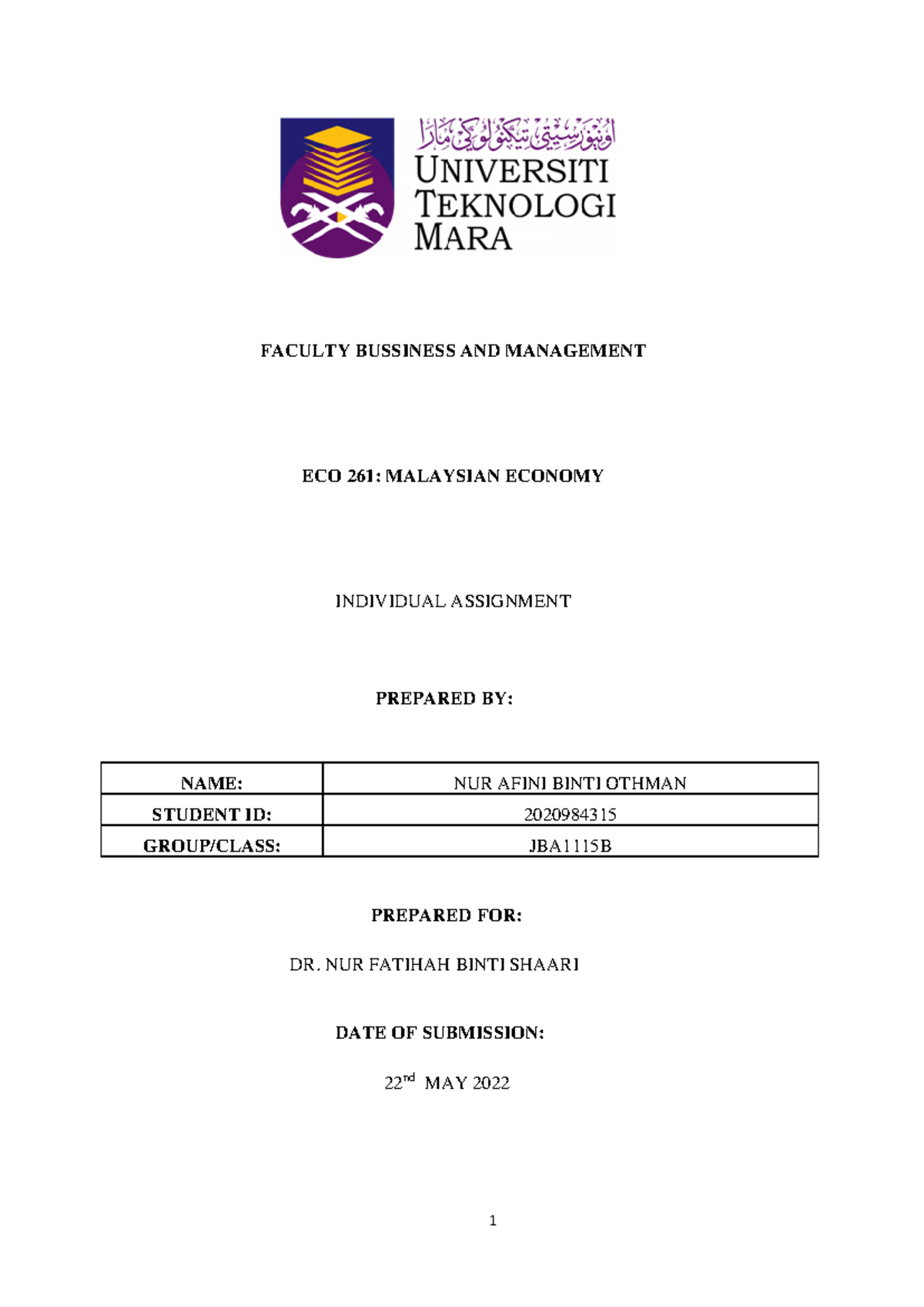 Individual assignment ECO261 - FACULTY BUSSINESS AND MANAGEMENT ECO 261 ...