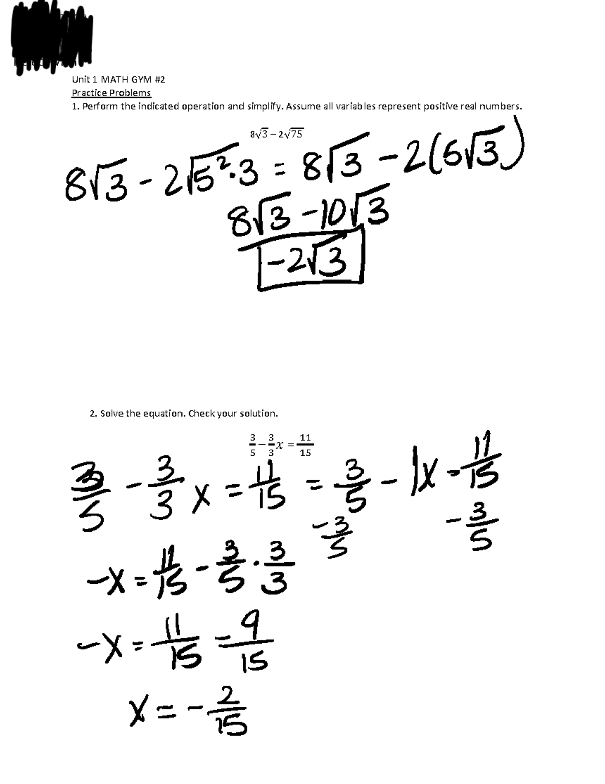 Test+1+Gym+2 - This is homework - Unit 1 MATH GYM Practice Problems 1 ...