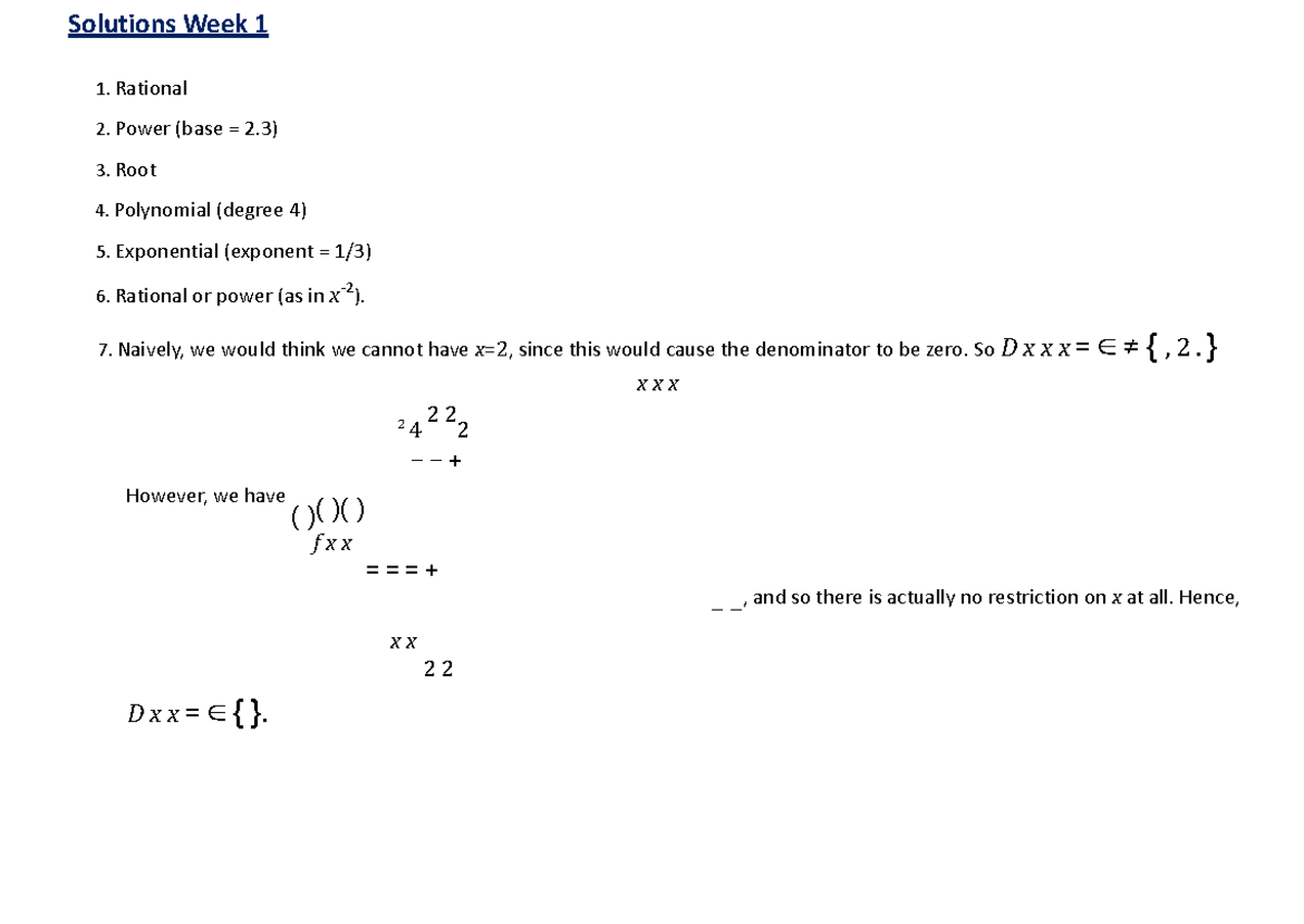 Solutions Week 1 - Rational 2. Power (base = 2) 3. Root 4. Polynomial ...